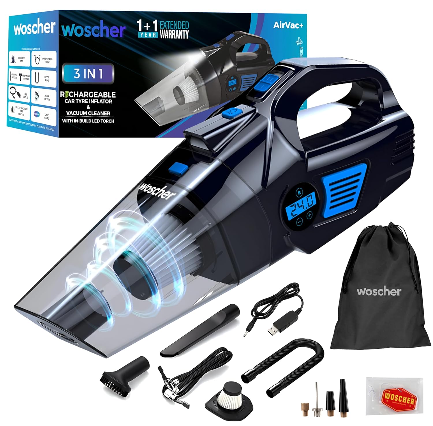 Woscher- 578M 3in1 USB Rechargeable Car Vacuum Cleaner Cordless,Tyre I